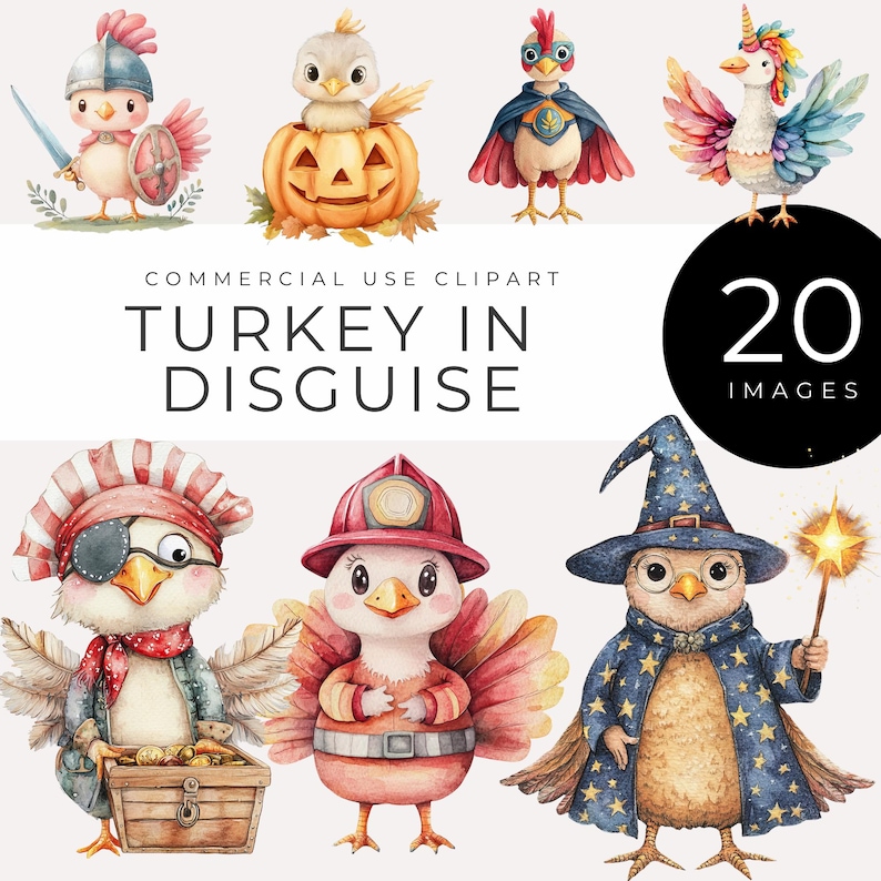 Turkey in Disguise Clipart, Instant Download, Watercolor Thanksgiving ...