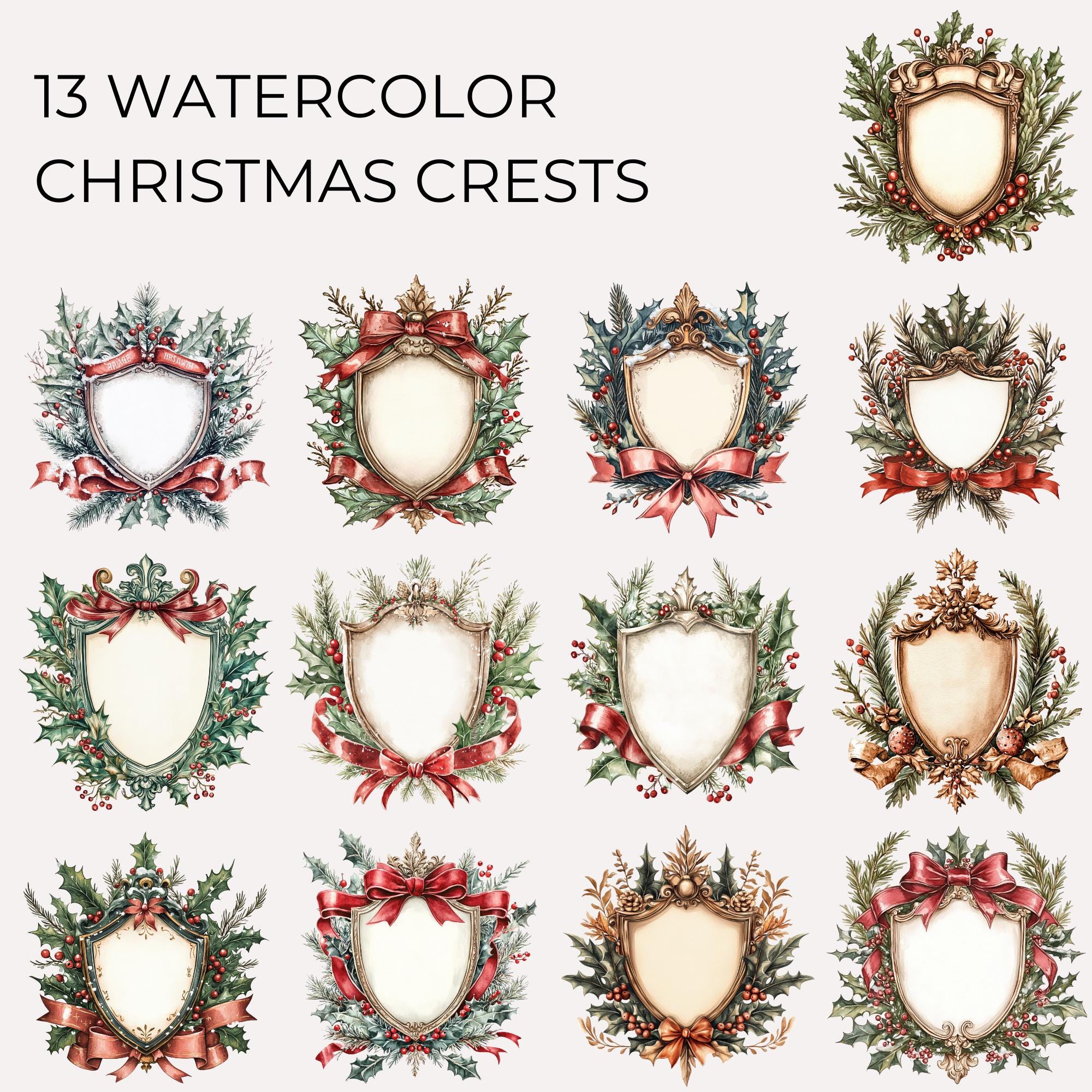 Watercolor Christmas Crest PNG INSTANT DOWNLOAD Elegant Holiday Emblems ...