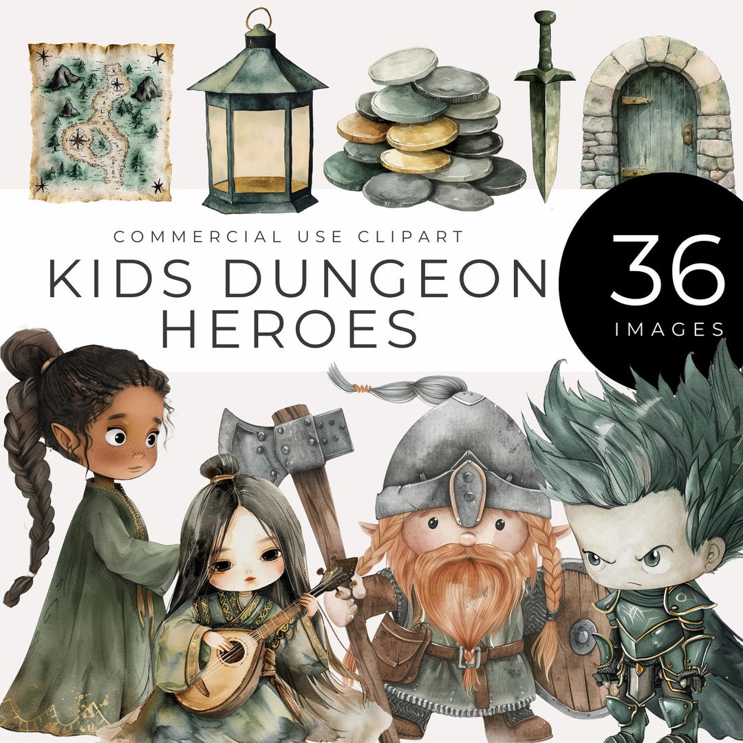 Kids Dungeon Heroes Clipart, Watercolor Fantasy Adventure Art, RPG Kids ...