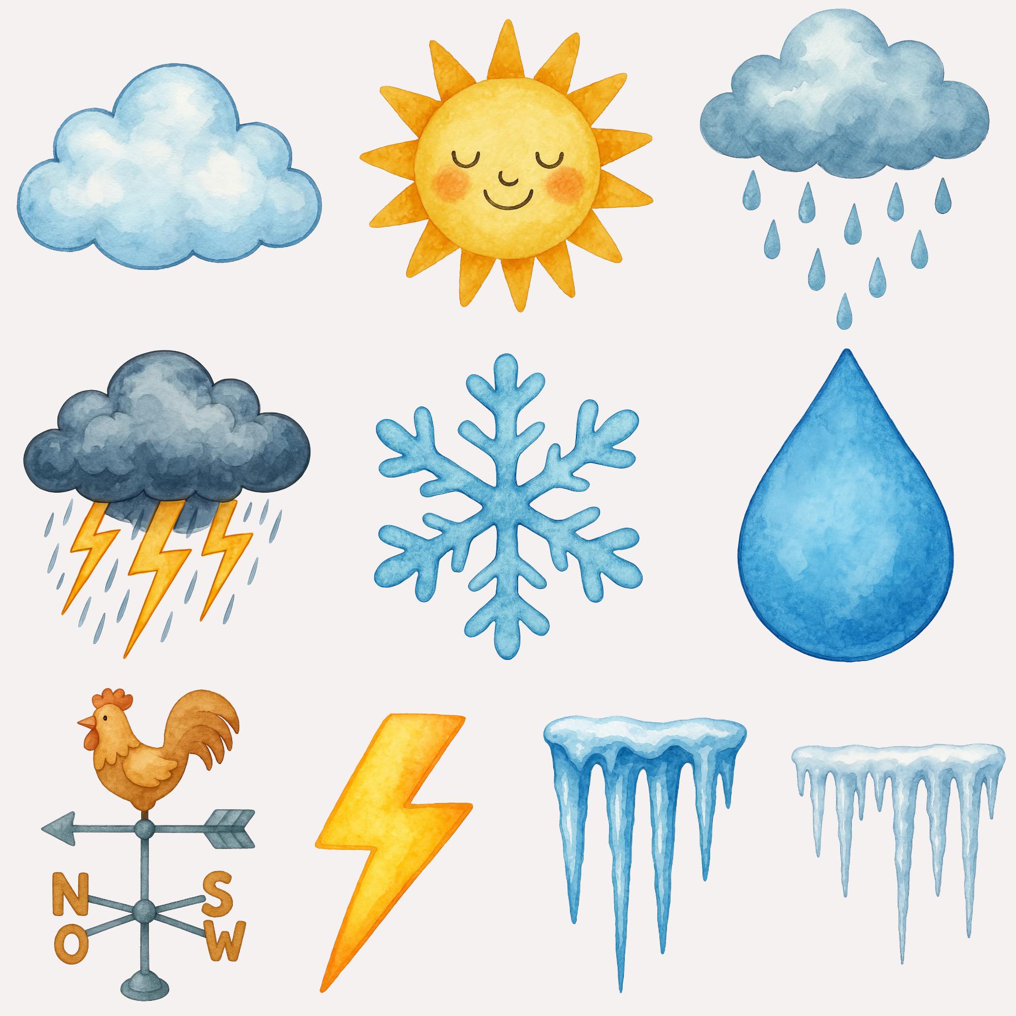 Weather Clipart, Watercolor Sun, Clouds, Rain, Snow, Rainbow, Storm ...
