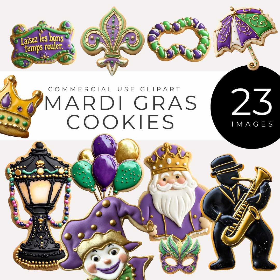 Mardi Gras Cookie Clipart INSTANT DOWNLOAD Watercolor Jazz, Crown, Mask ...