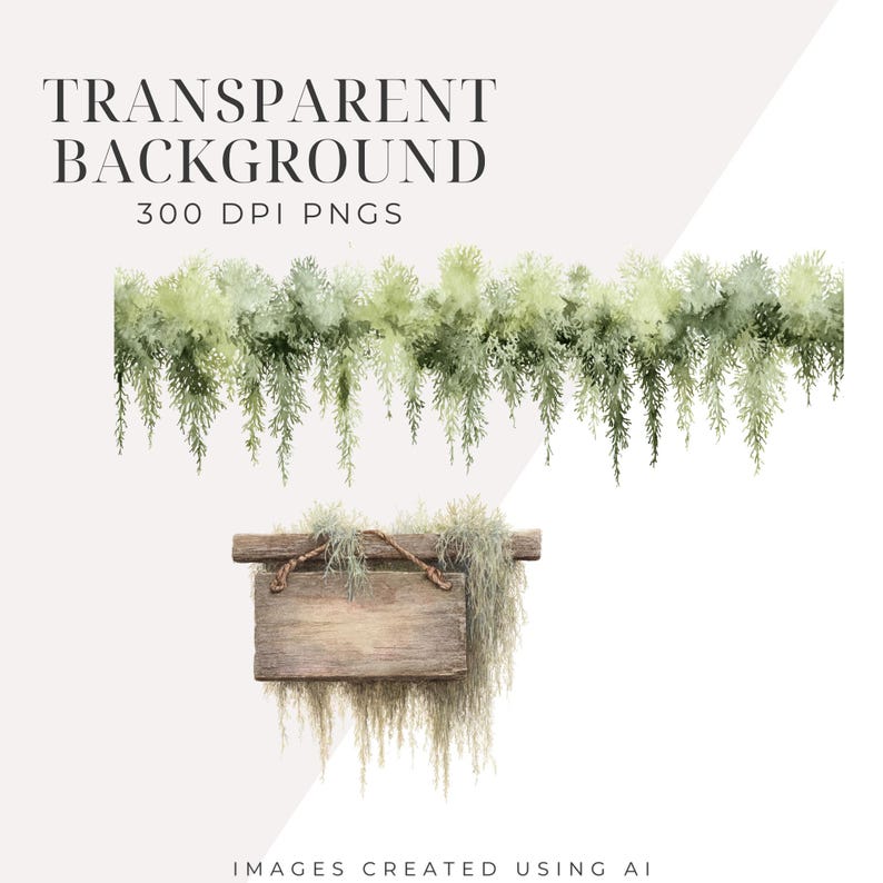 Spanish Moss Clipart, Watercolor Greenery PNG, Hanging Moss Branches ...