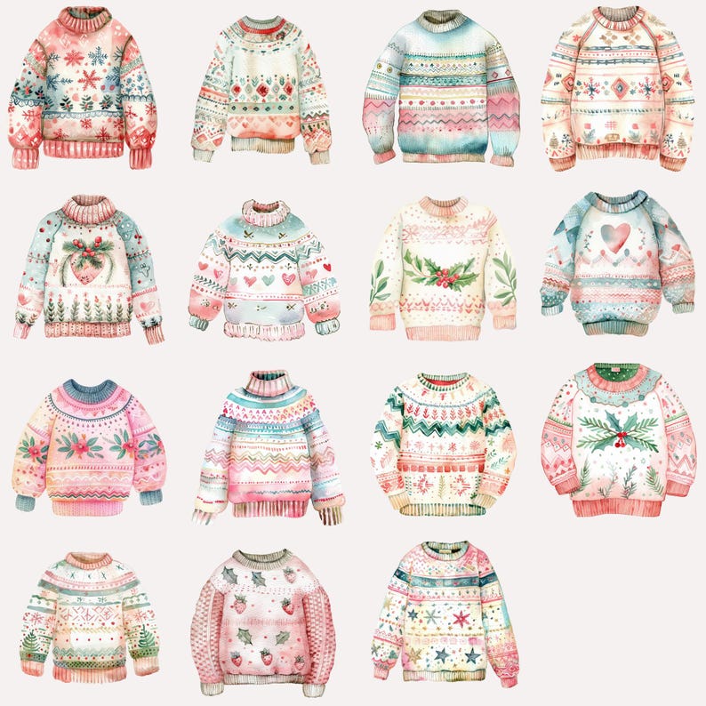 Ugly Christmas Sweaters Clipart INSTANT DOWNLOAD Festive Watercolor ...