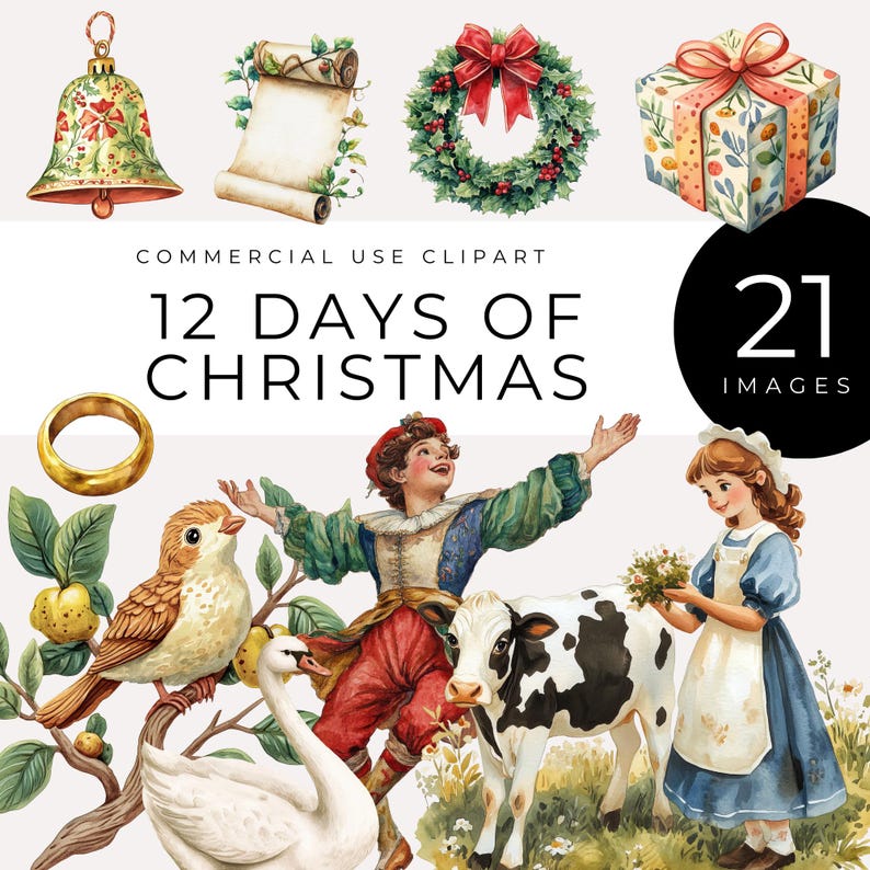 12 Days of Christmas Clipart, Vintage Holiday Illustration, Watercolor ...