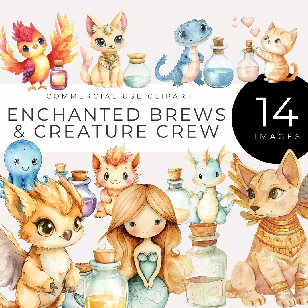 Mystical Creatures & Brews Clipart Instant Download Watercolor Fantasy ...