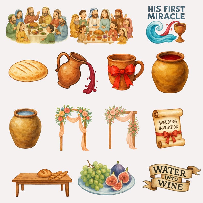 Water Into Wine Clipart, Instant Download, Jesus First Miracle Wedding ...