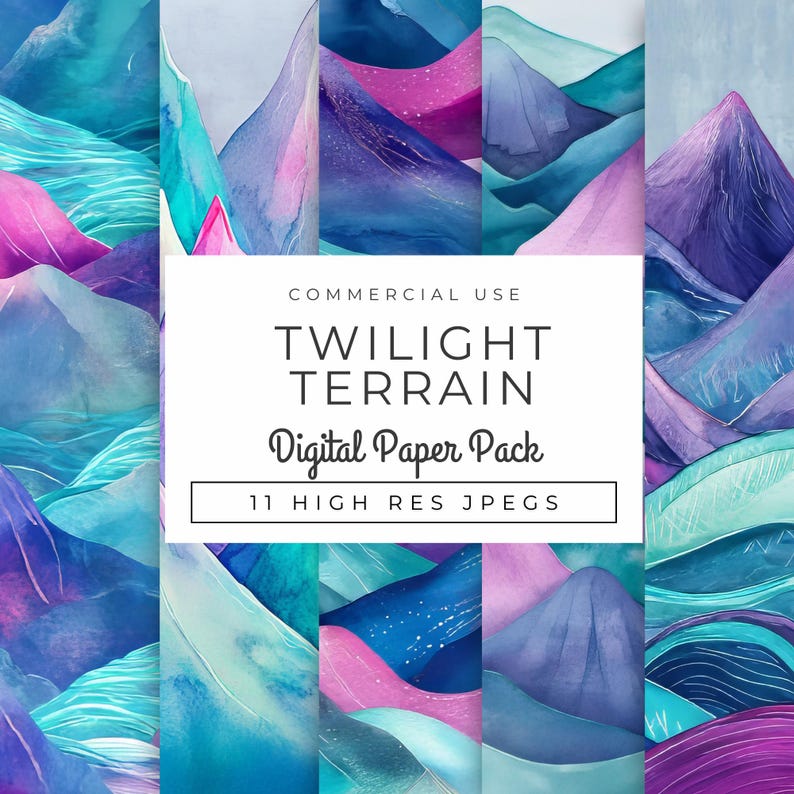 Twilight Terrain Digital Papers, Instant Download, Watercolor Mountain ...