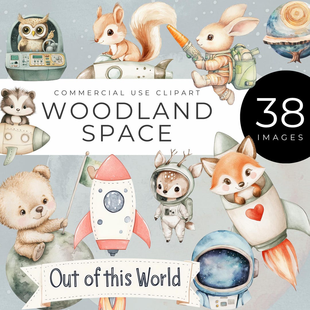 Woodland Space Clipart, Instant Download, Watercolor Astronaut Animals ...