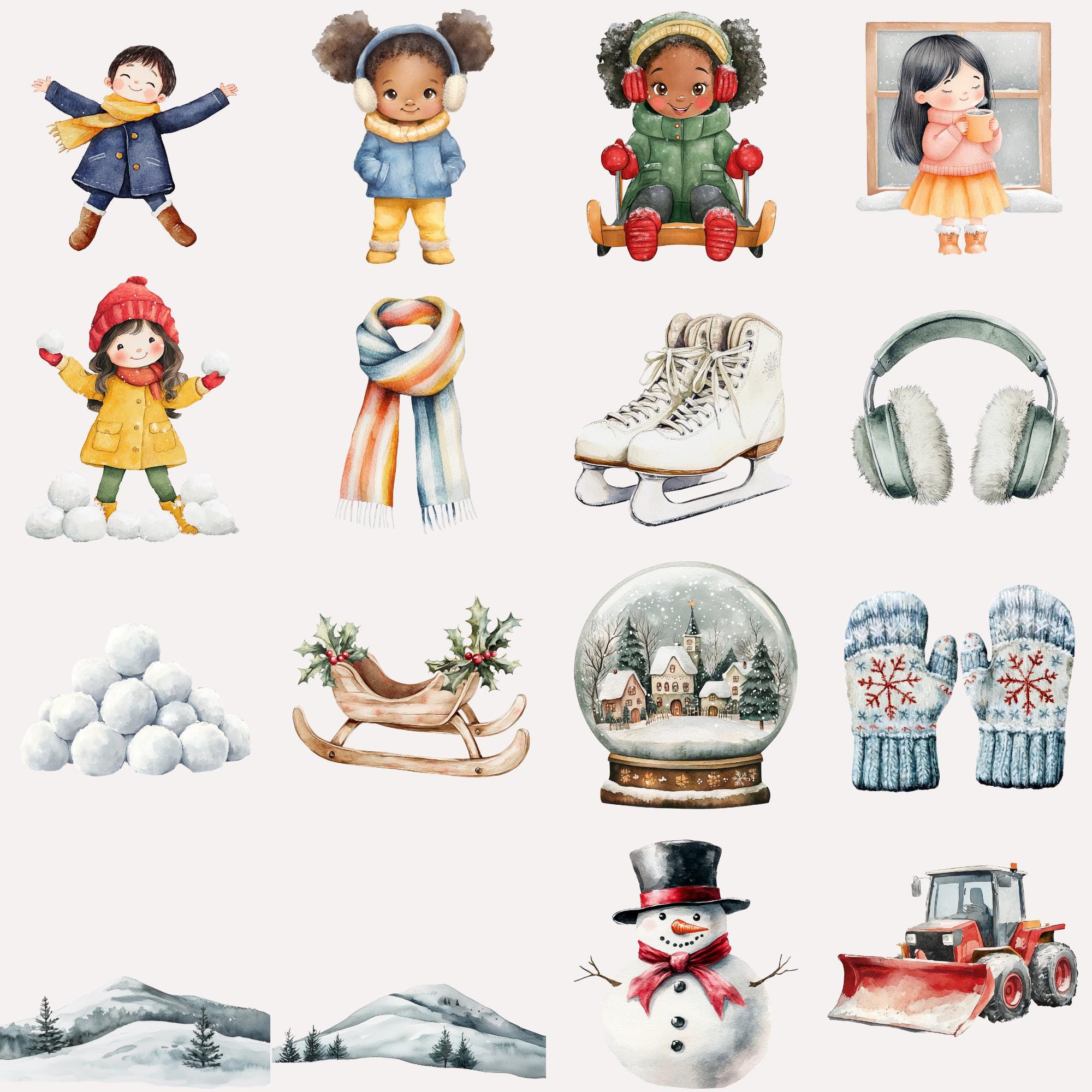 Watercolor Kids Snow Day Clipart INSTANT DOWNLOAD Winter Fun Images ...