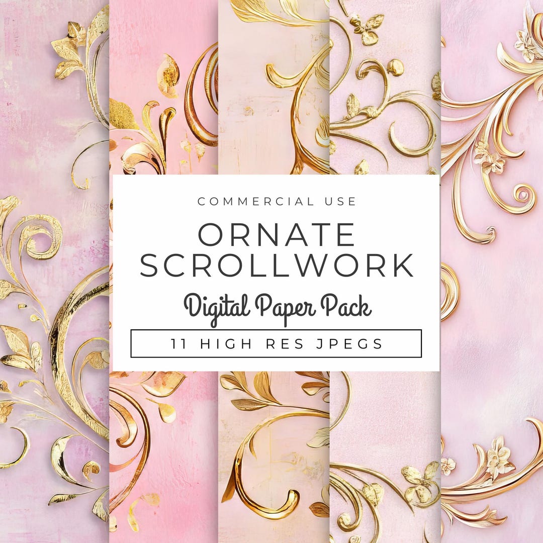 Ornate Scrollwork Digital Papers INSTANT DOWNLOAD Gold Baroque Flourish ...