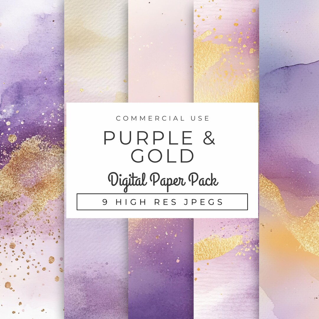 Watercolor Purple and Gold Digital Paper INSTANT DOWNLOAD Elegant ...