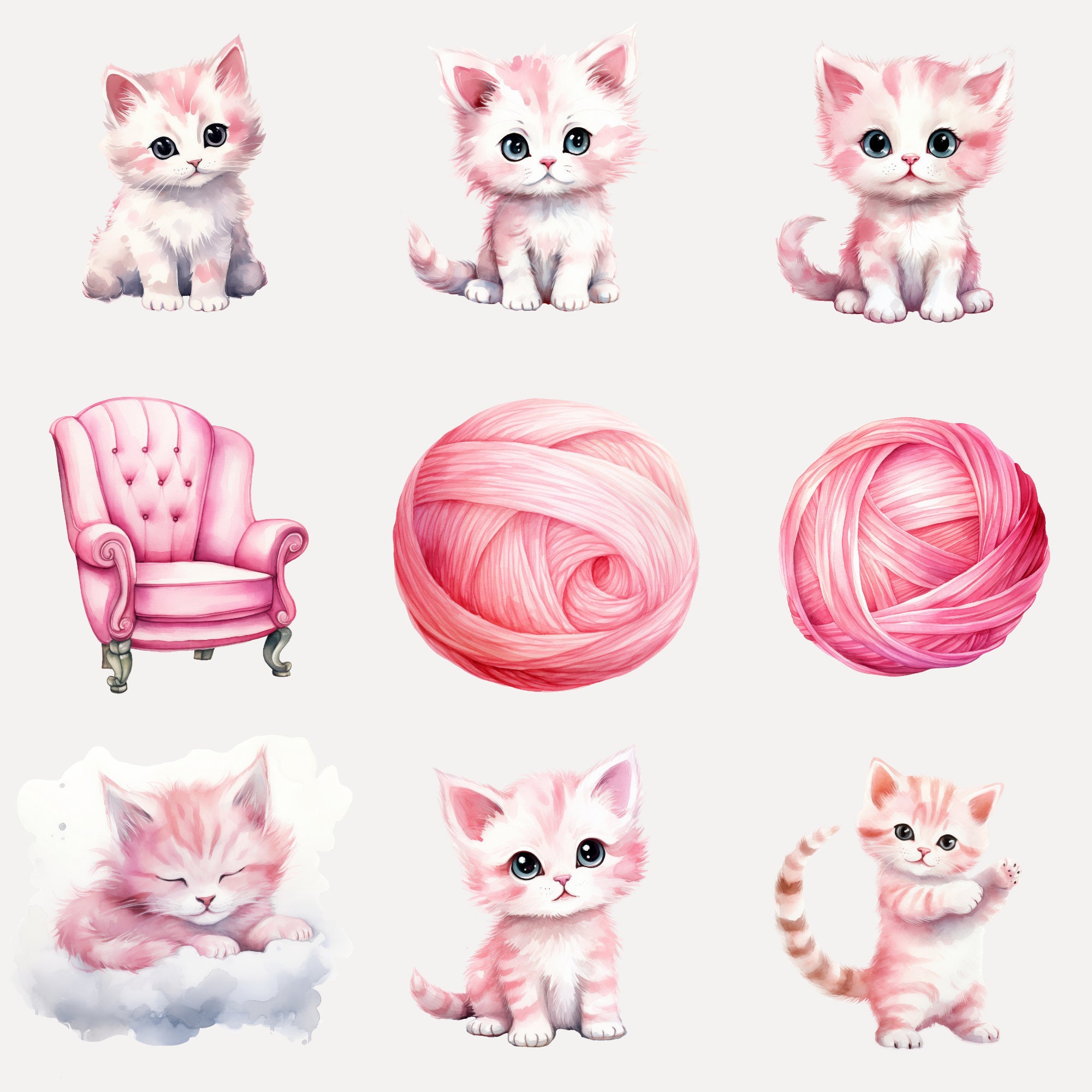 Cute Pink Kittens Clipart INSTANT DOWNLOAD Playful Watercolor Animals ...
