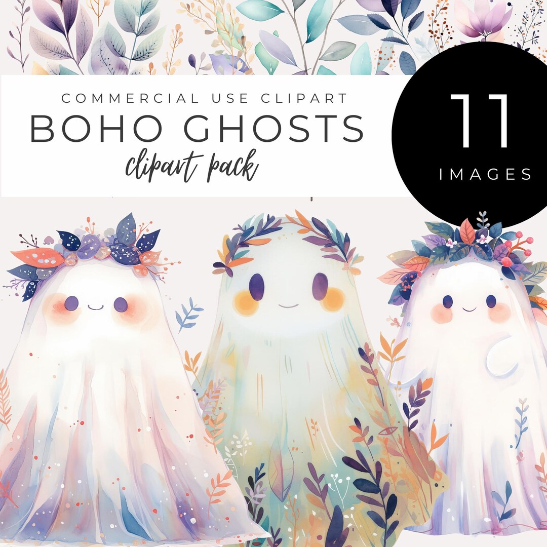 Boho Ghost Clipart INSTANT DOWNLOAD Cute Watercolor Ghosts With Floral ...