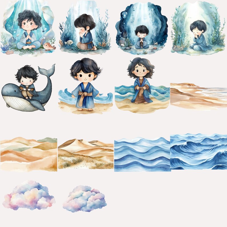 Jonah and the Whale Clipart INSTANT DOWNLOAD Watercolor Bible Story ...