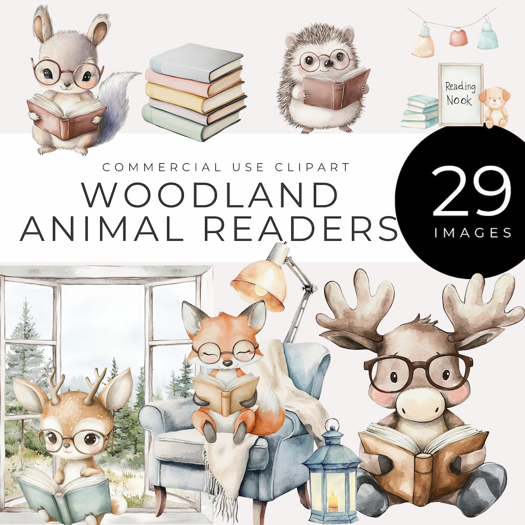 Woodland Reading Animals Clipart, Watercolor Cozy Bookish Forest ...