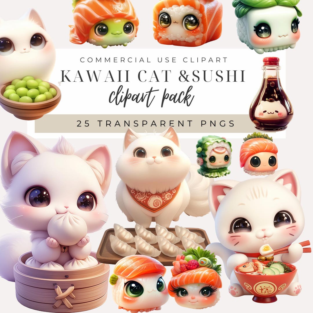 Onigiri Clipart INSTANT DOWNLOAD Kawaii Chibi Sushi & Cats Eating Asian ...