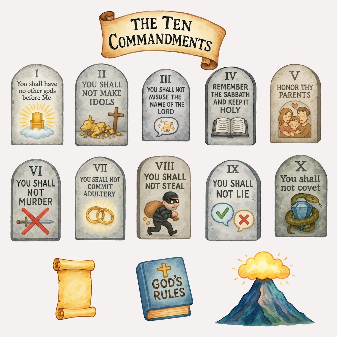 Ten Commandments Clipart, Instant Download, Illustrated Bible ...