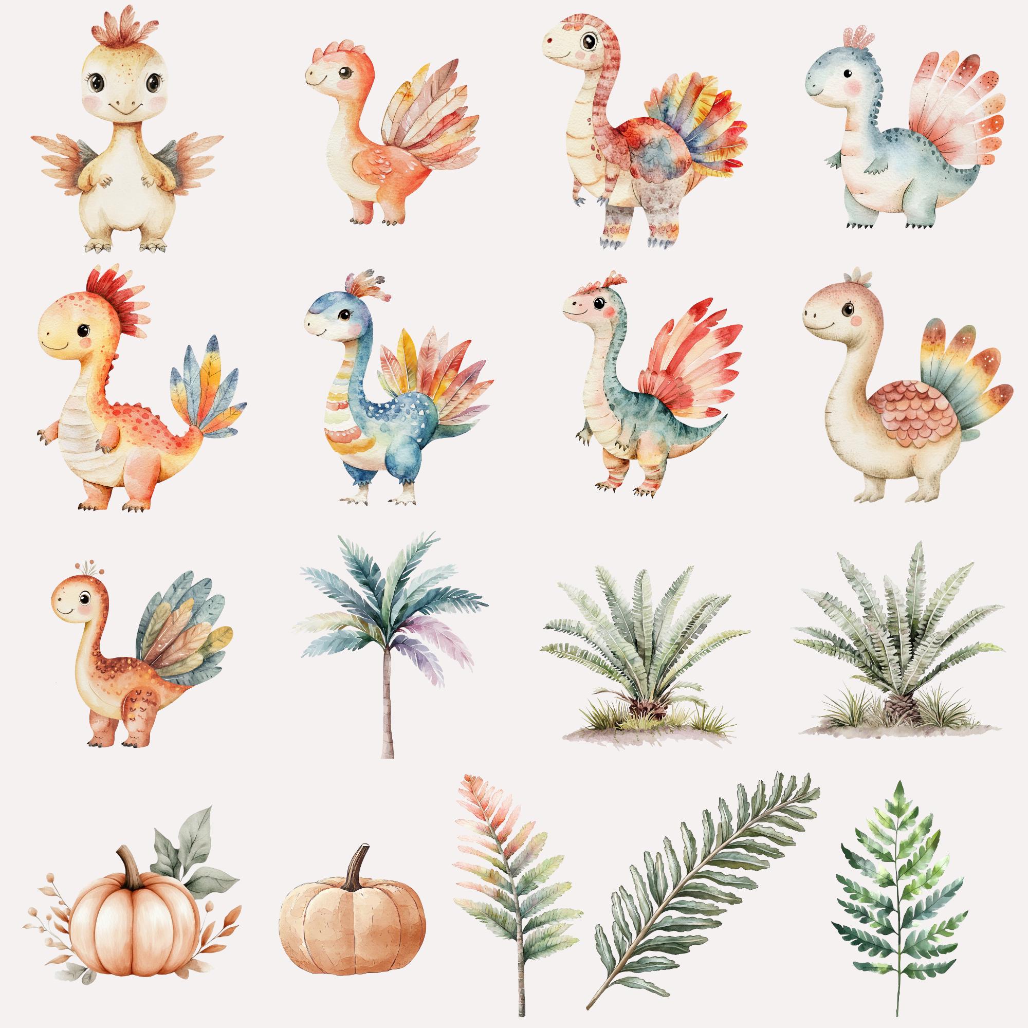 Watercolor Turkey Dinosaurs Clipart, Cute Thanksgiving Dino Art ...