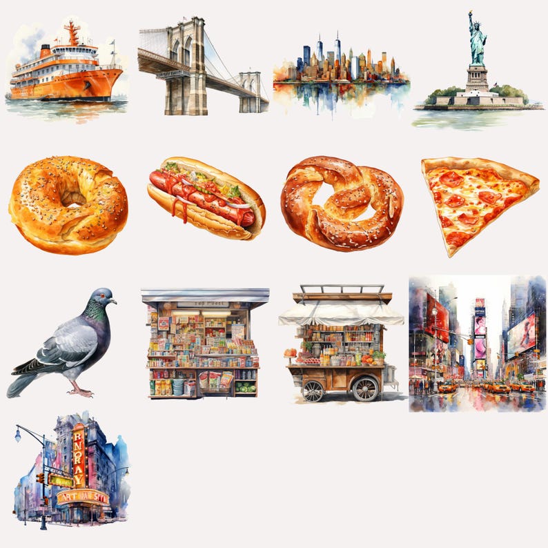 New York Skyline Watercolor Clipart INSTANT DOWNLOAD Iconic NYC ...