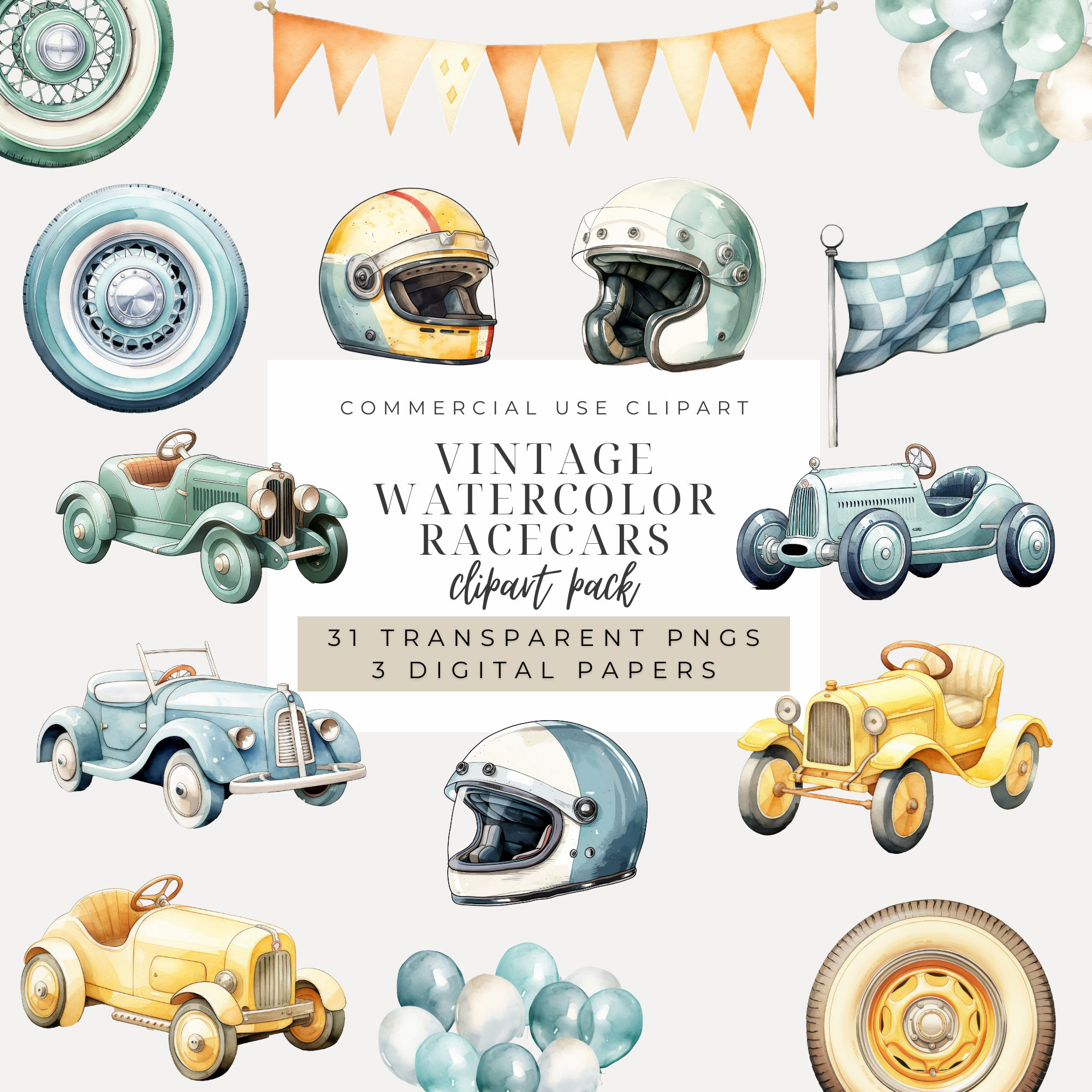 Watercolor Race Car INSTANT DOWNLOAD Vintage Car Clipart for Kids ...
