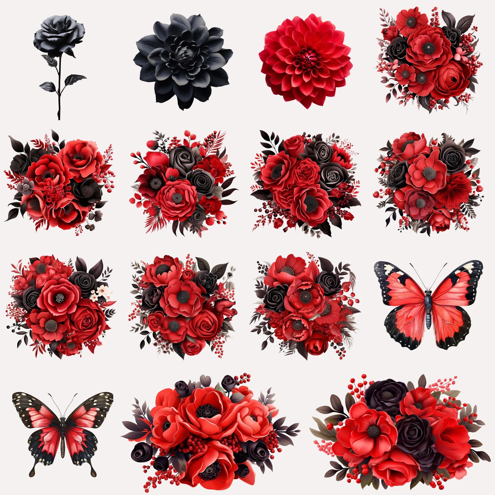Red and Black Floral Clipart INSTANT DOWNLOAD Gothic Bouquet & Dramatic ...