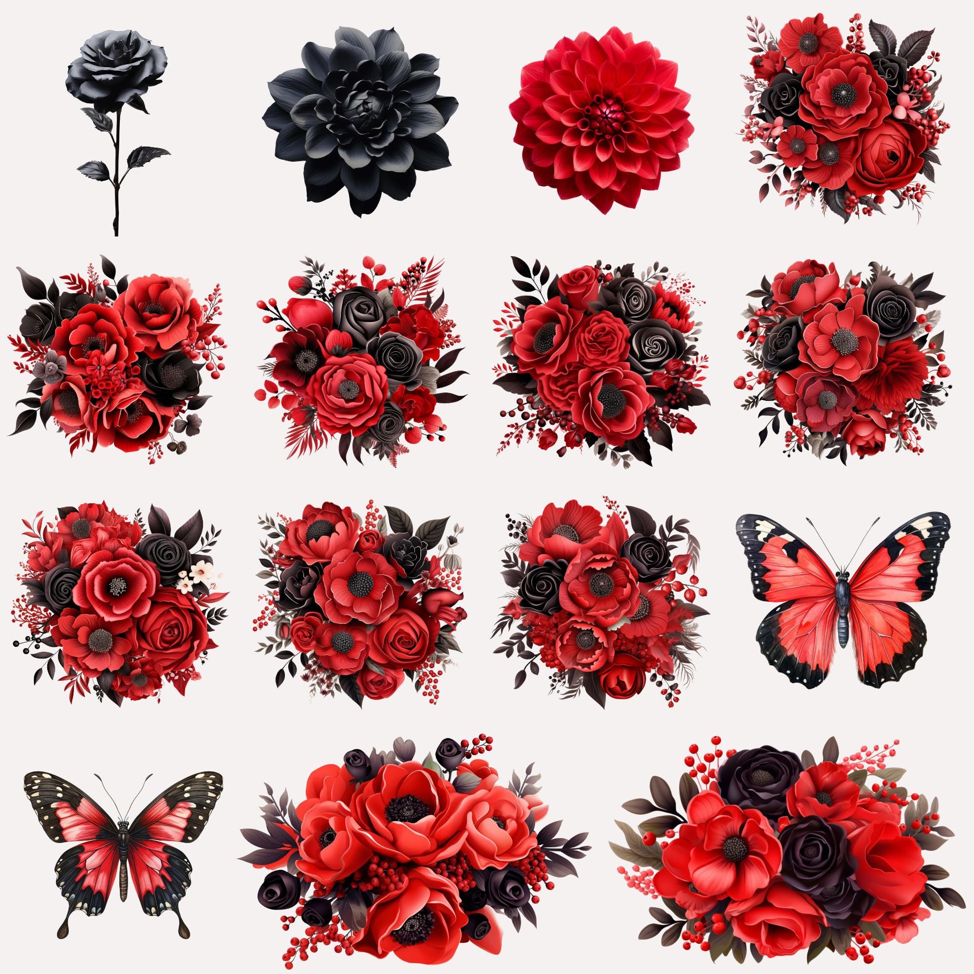 Red and Black Floral Clipart INSTANT DOWNLOAD Gothic Bouquet & Dramatic ...