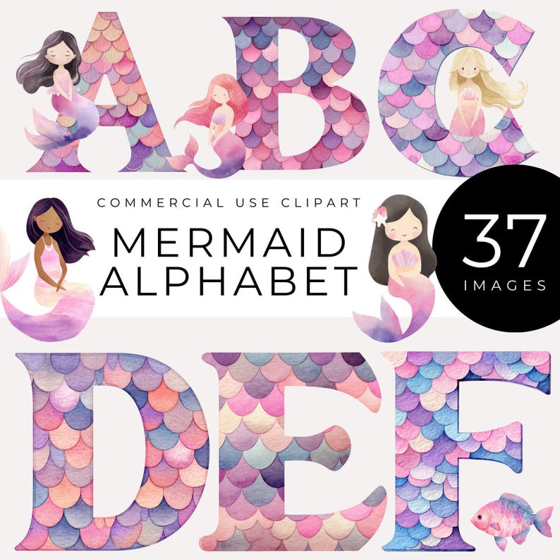 Mermaid Alphabet Clipart, Instant Download, Pastel Scales Letters, Cute ...