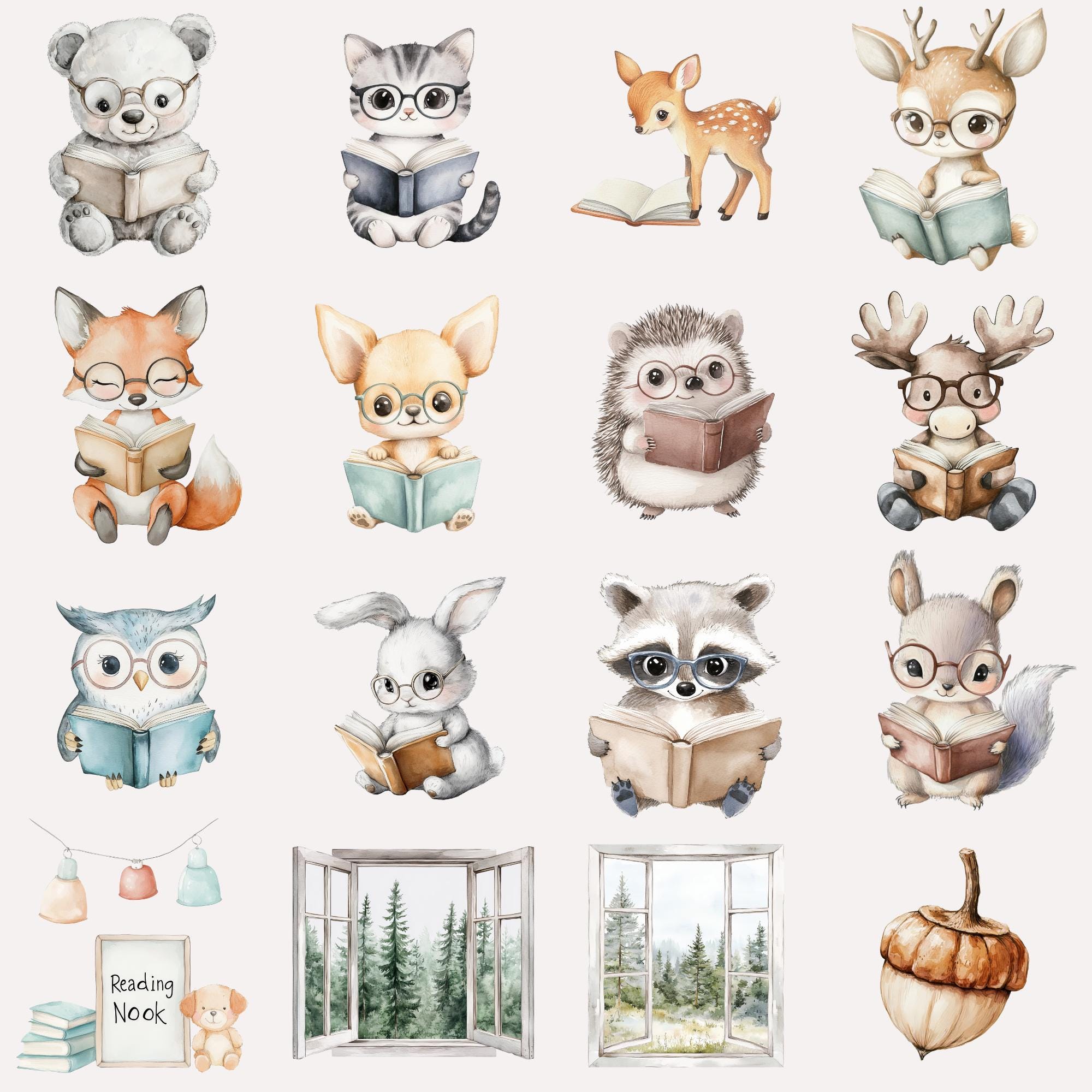 Woodland Reading Animals Clipart, Watercolor Cozy Bookish Forest ...