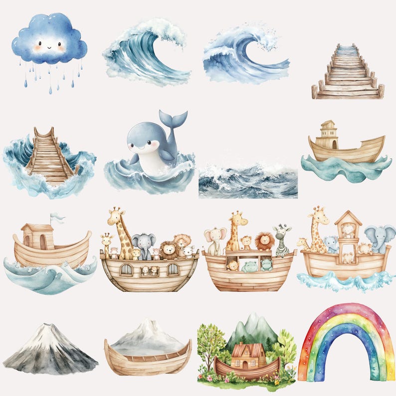 Noah's Ark Clipart INSTANT DOWNLAOD Christian Bible Story, Watercolor ...