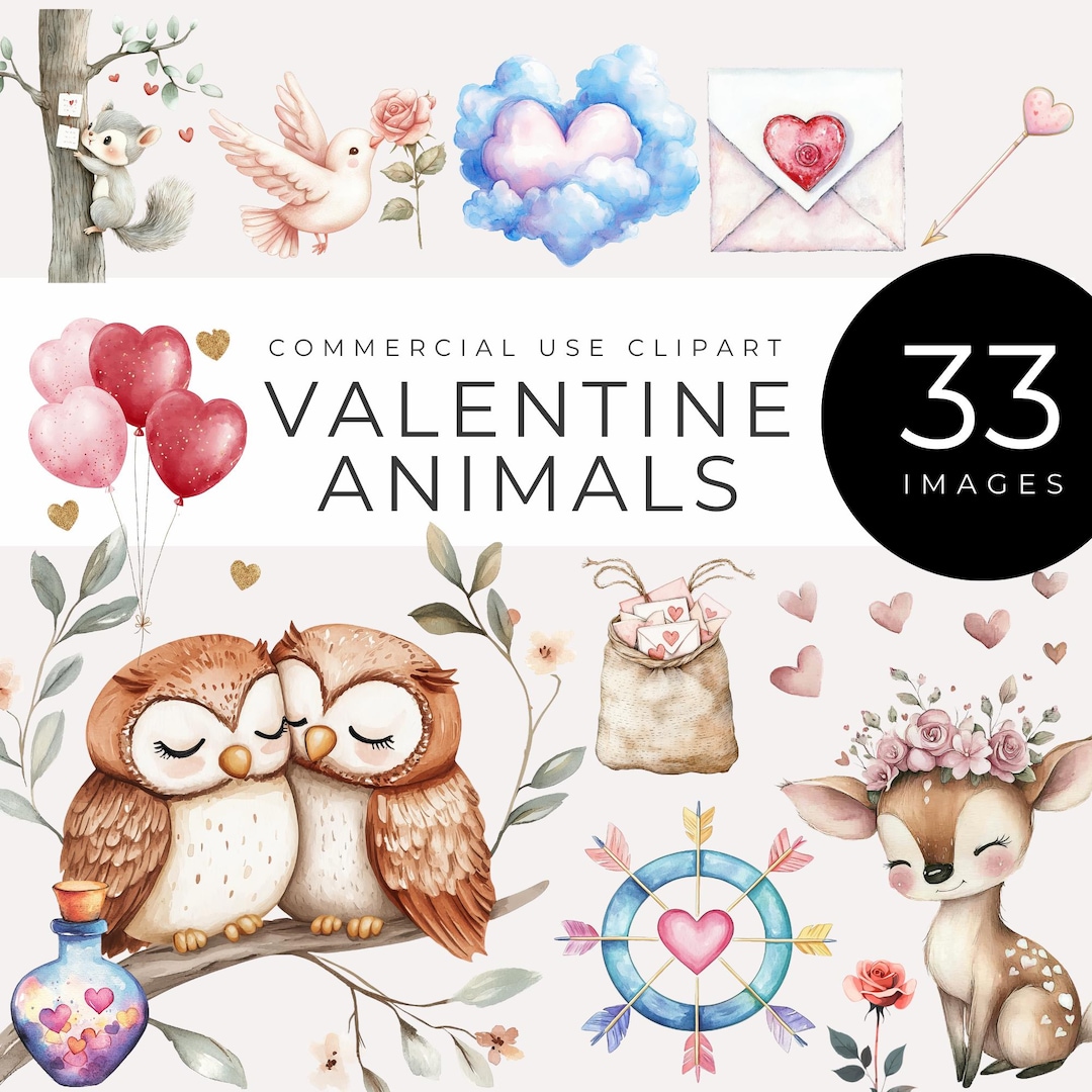 Valentine Animals Clipart INSTANT DOWNLOAD Adorable Watercolor ...