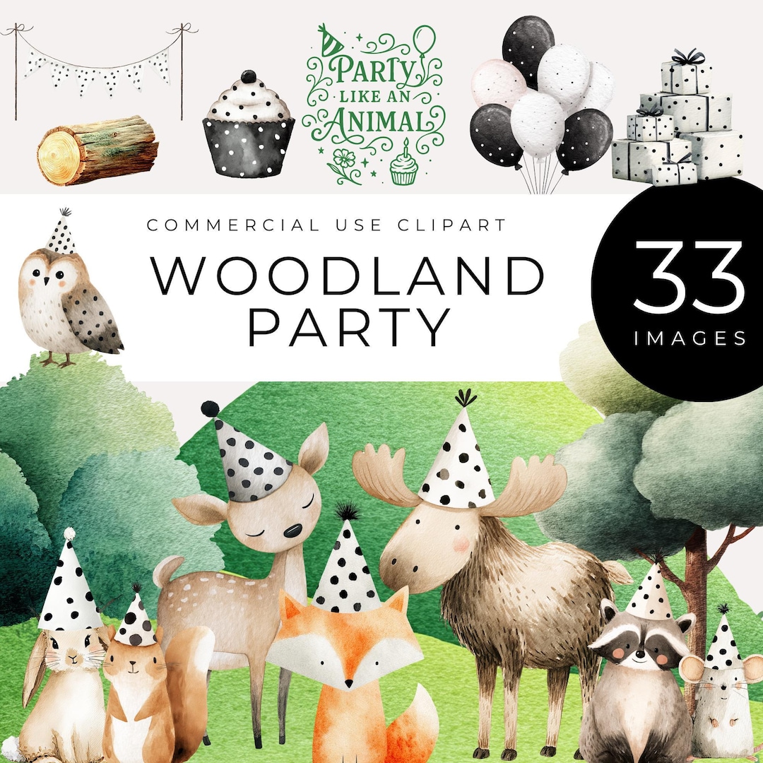 Watercolor Woodland Animal Birthday Clipart, Instant Download, Cute ...