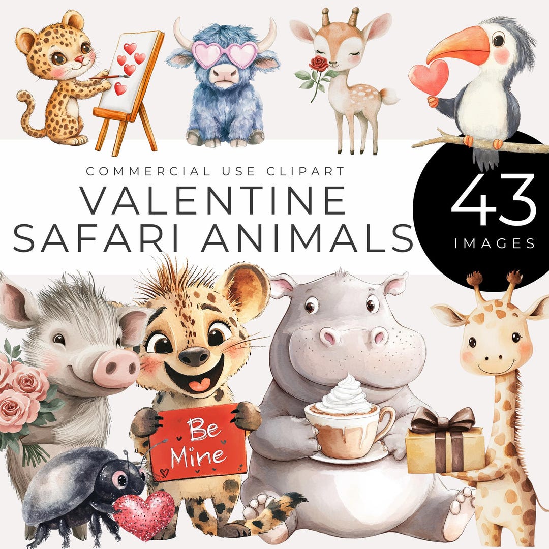 Watercolor Valentine's Day Safari Clipart, Cute Safari Animals, Heart ...