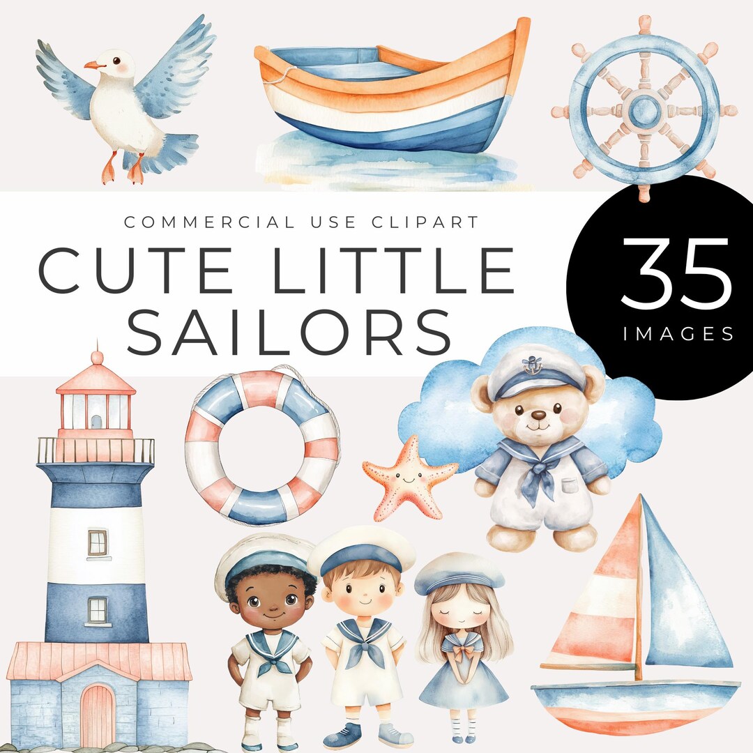 Watercolor Cute Little Sailors Clipart INSTANT DOWNLOAD Sea Adventure ...