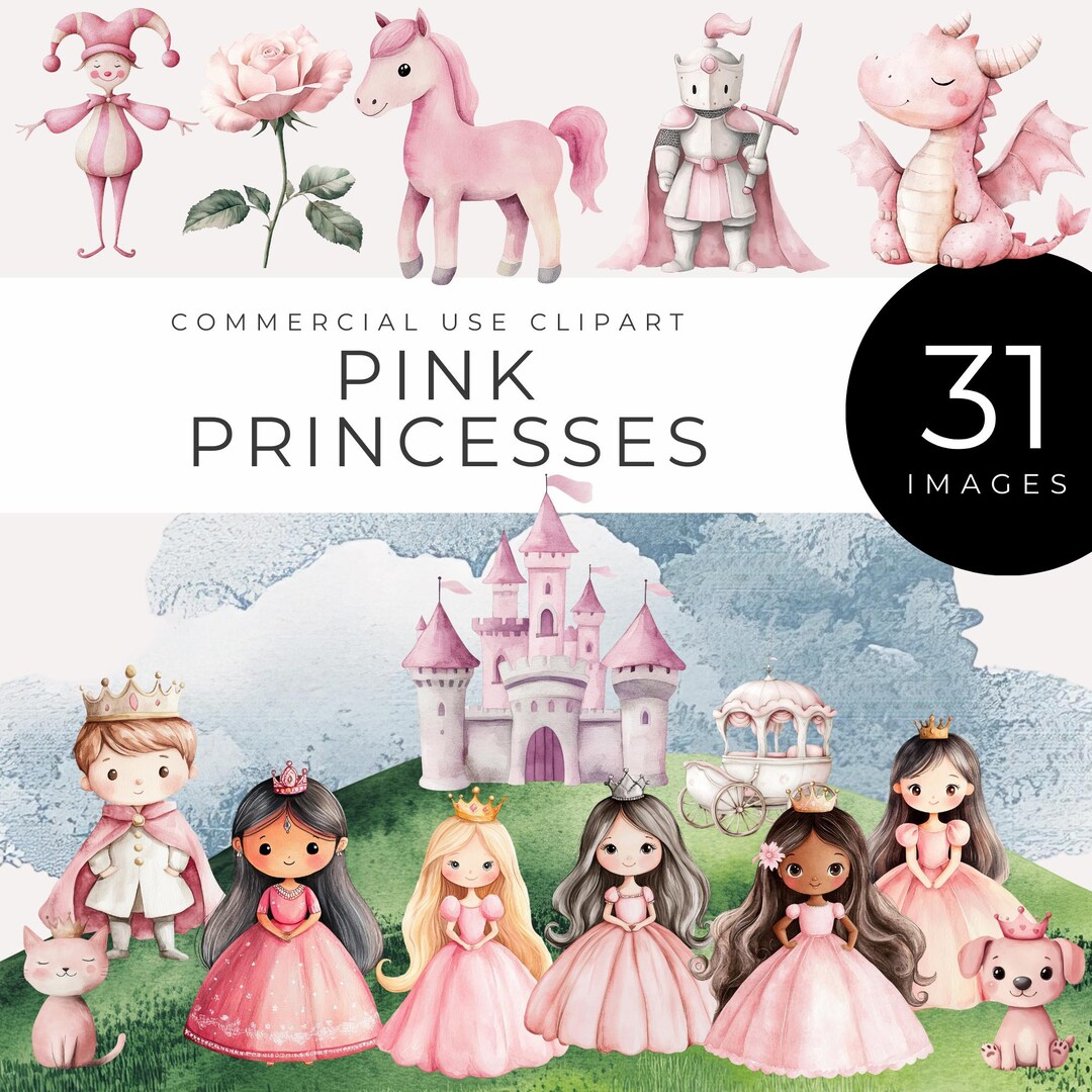 Watercolor Pink Princess Court Clipart, Instant Download, Castles ...