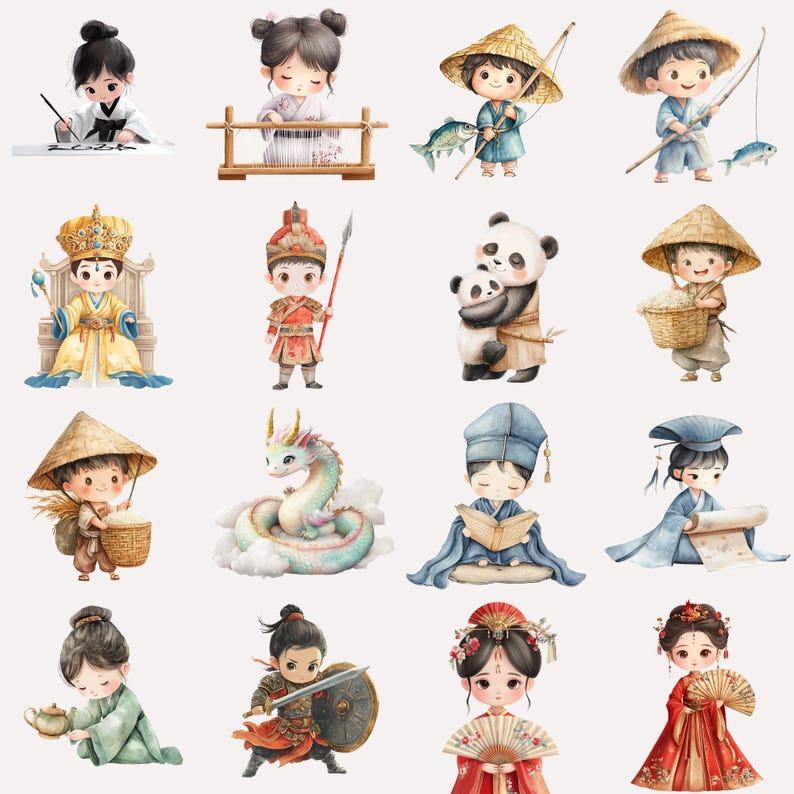 Cute Ancient China Clipart, Instant Download, Watercolor Asian Emperor ...