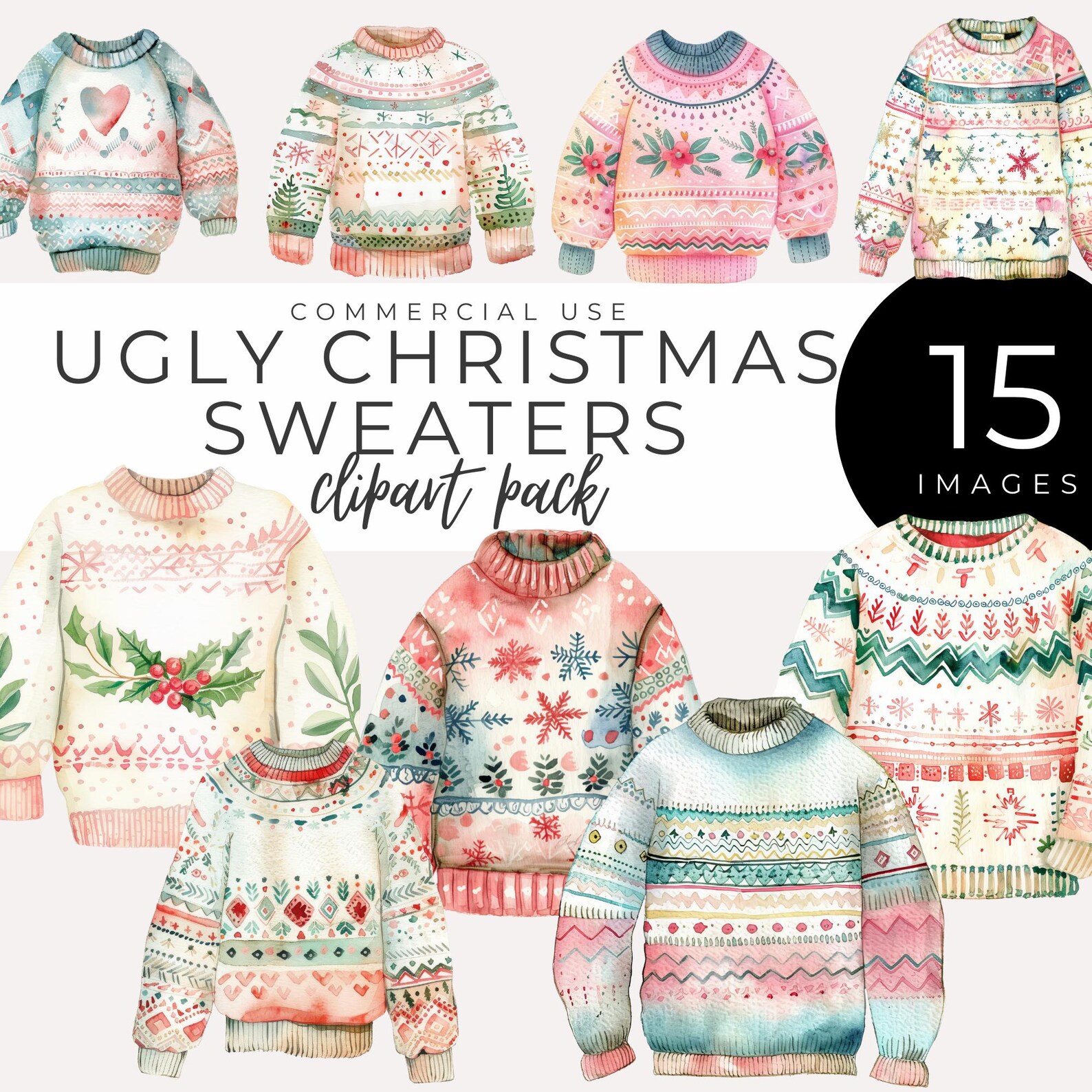 Ugly Christmas Sweaters Clipart INSTANT DOWNLOAD Festive Watercolor ...