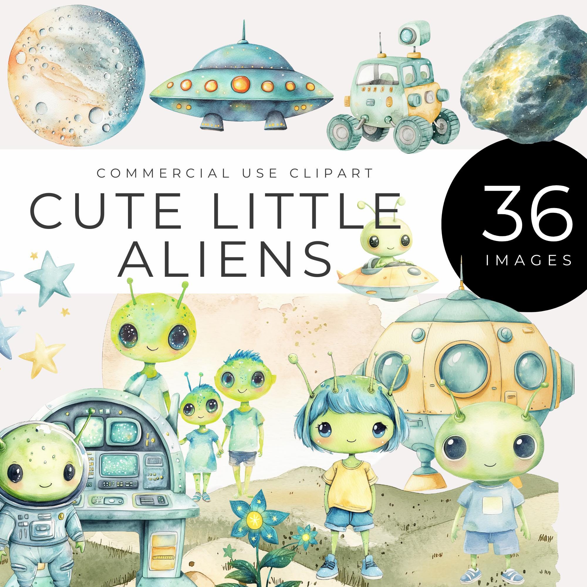 Cute Alien Clipart Instant Download Watercolor Pastel Space Creatures ...
