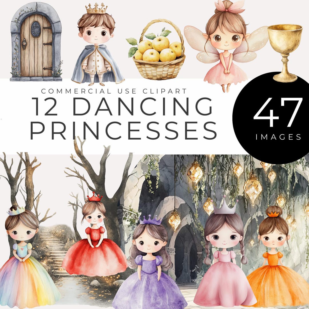 Twelve Dancing Princesses Watercolor Clipart, Instant Download ...