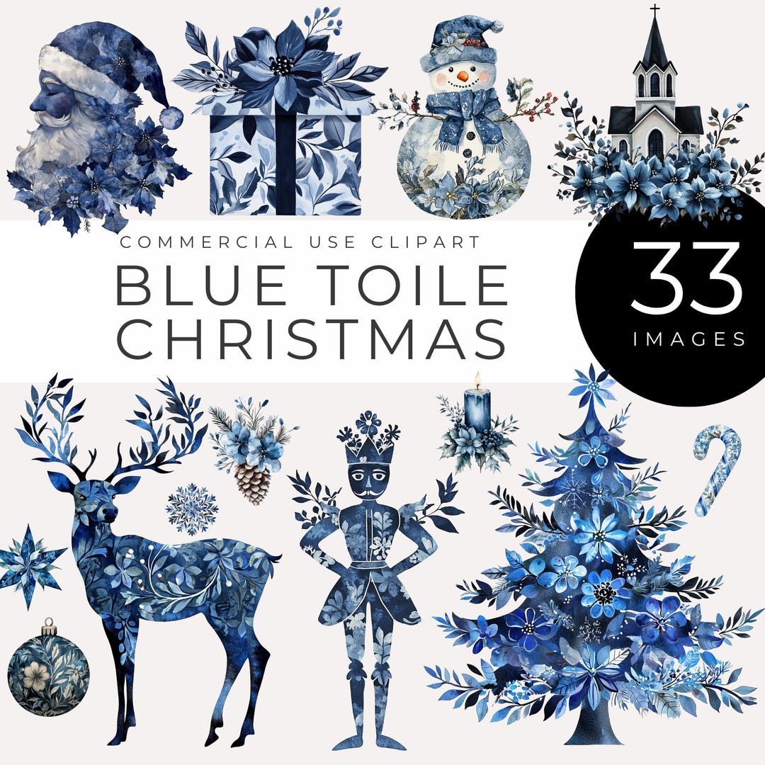 Blue Toile Christmas Clipart INSTANT DOWNLOAD Watercolor Holiday ...