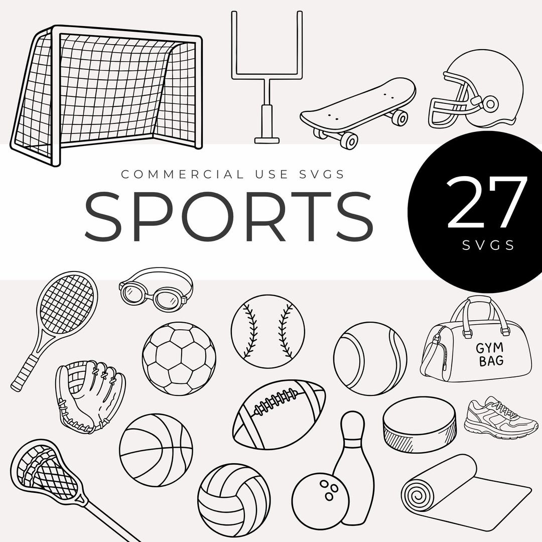 Cute Sports SVG, Black & White Monoline Line Art Icons, Outline ...