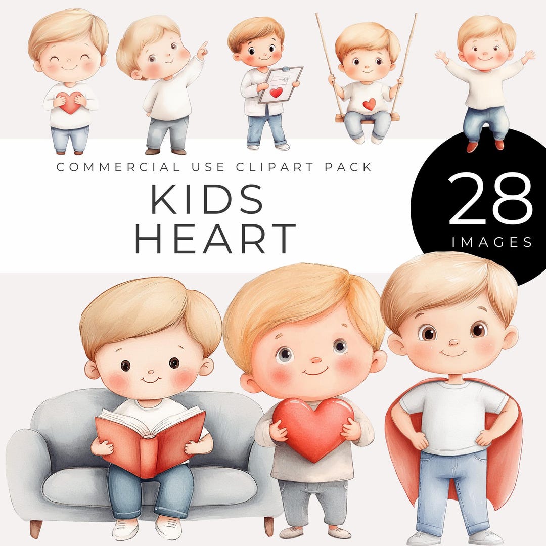 Watercolor Kids Heart Clipart, Instant Download, Brave Little Boy Theme ...