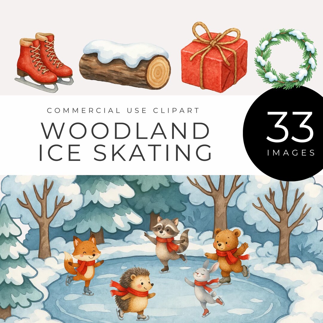 Woodland Ice Skating Animals Clipart, Winter Forest Cute Animal PNG ...
