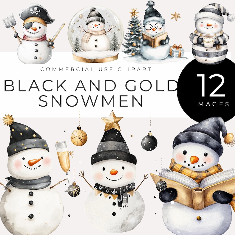 Black and Gold Snowman Clipart INSTANT DOWNLOAD Watercolor Christmas ...