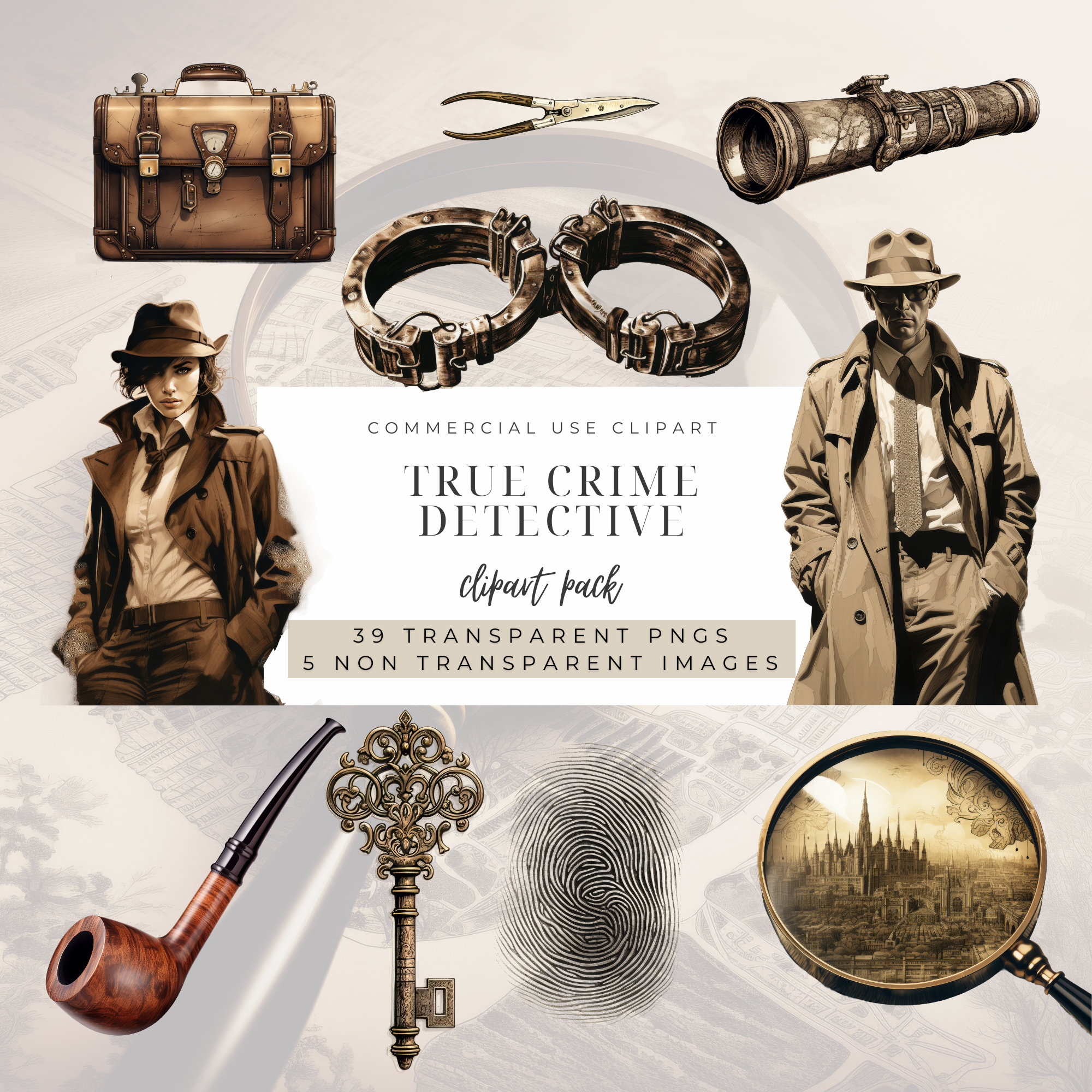 True Crime Clipart INSTANT DOWNLOAD Vintage Detective Graphics and Noir ...