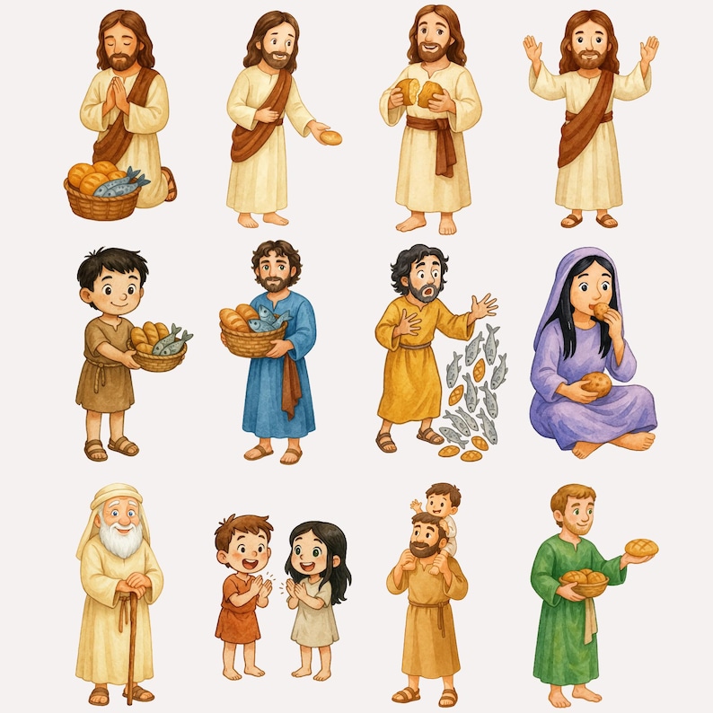 Jesus Feeds 5000 Clipart, Instant Download, Watercolor Bible Story ...