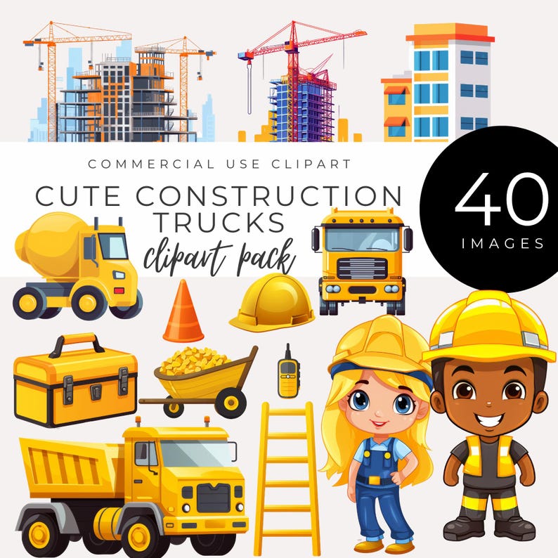 Construction Truck Clipart INSTANT DOWNLOAD Backhoe, Dump Truck, Cement ...