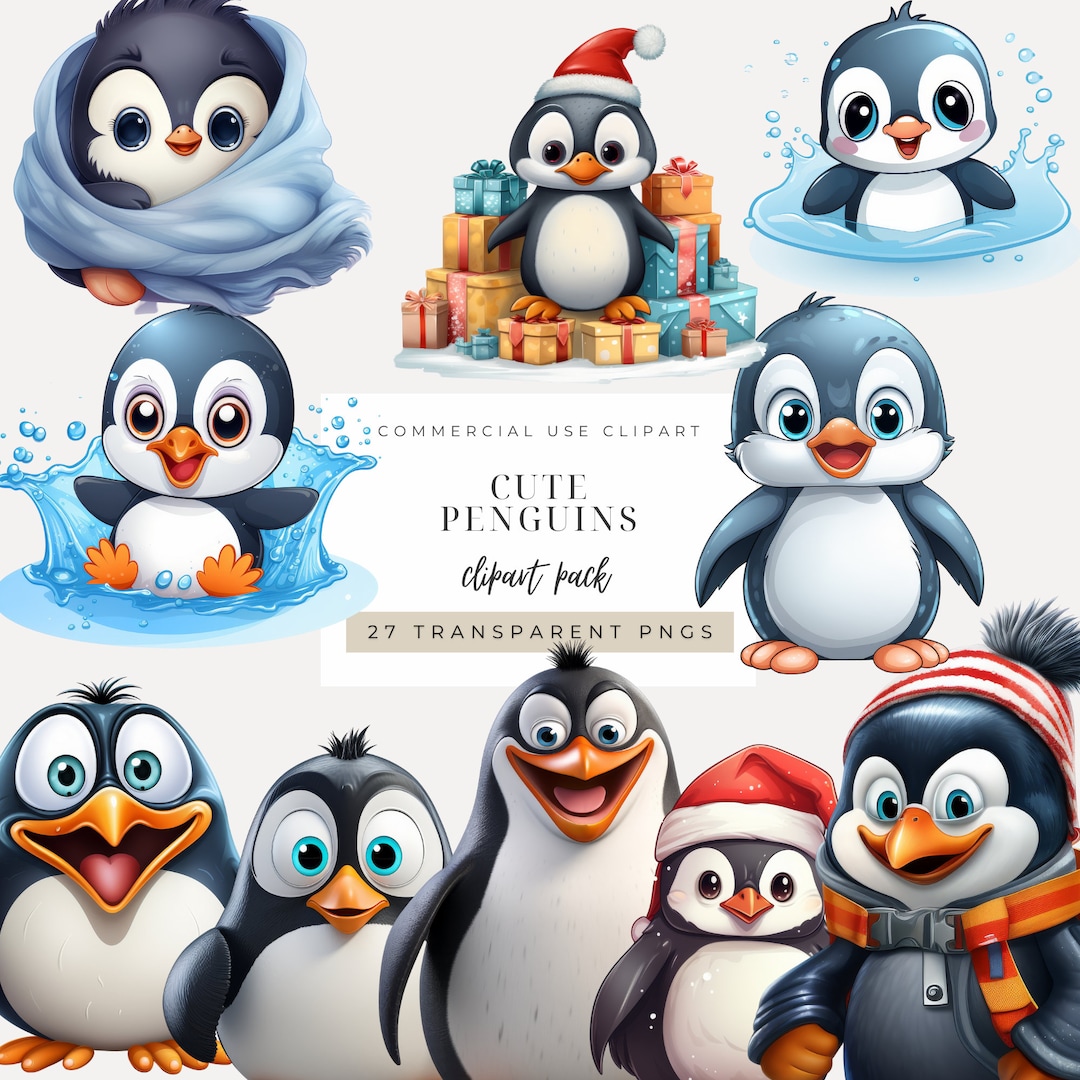 Penguin Cartoon Clipart DIGITAL DOWNLOAD Winter Animals & Cute Penguin ...