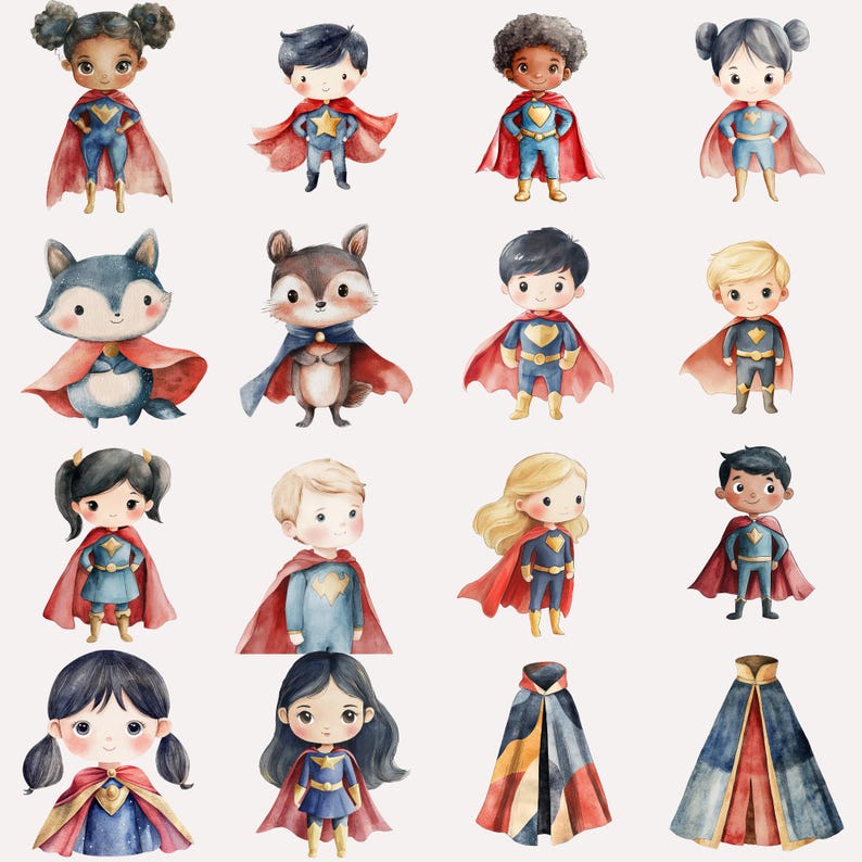 Superhero Kids Clipart INSTANT DOWNLOAD Watercolor Cute Kids Hero ...