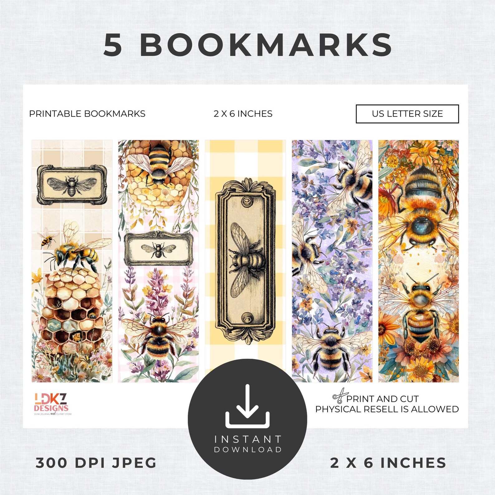 Vintage Bee Bookmarks, Printable Honeybee Placeholders, Cottagecore ...