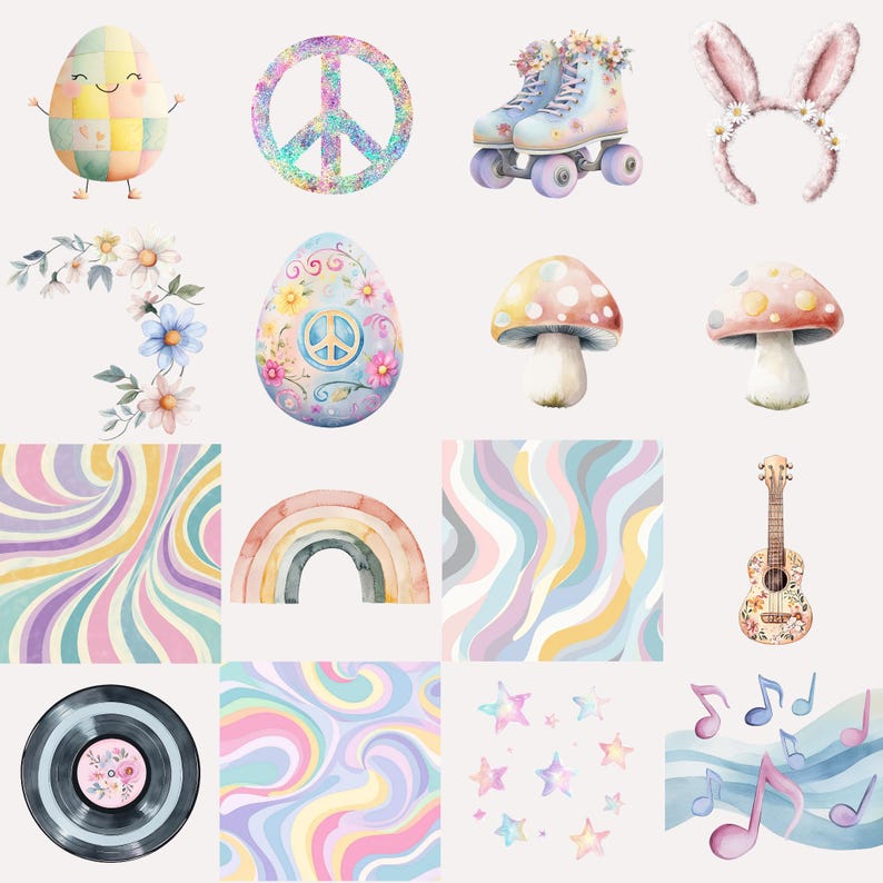 Easter Clipart Groovy, Instant Download, Watercolor Bunnies, Chicks ...